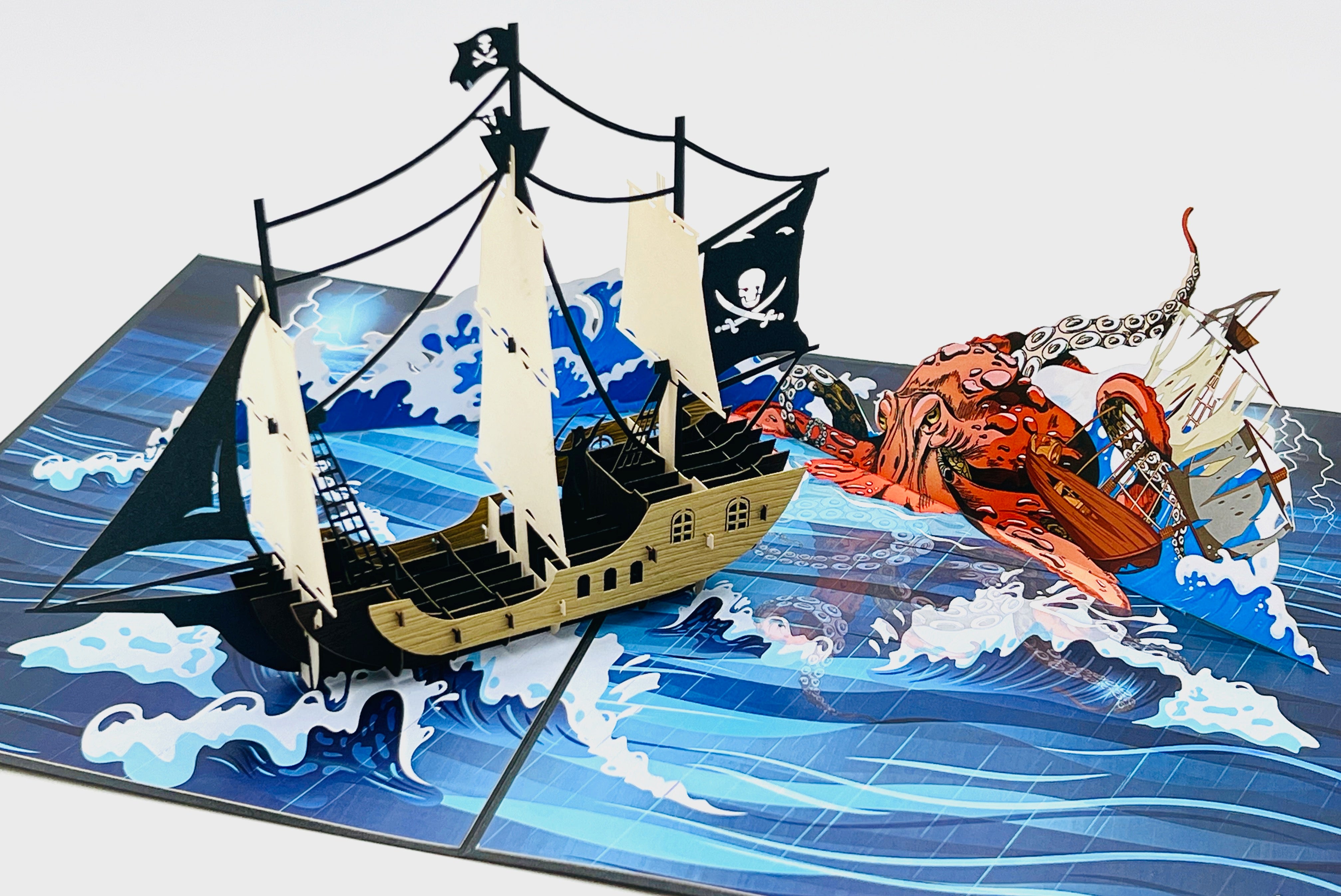 Kraken and pirate ship pop up card – Three Dee Cards